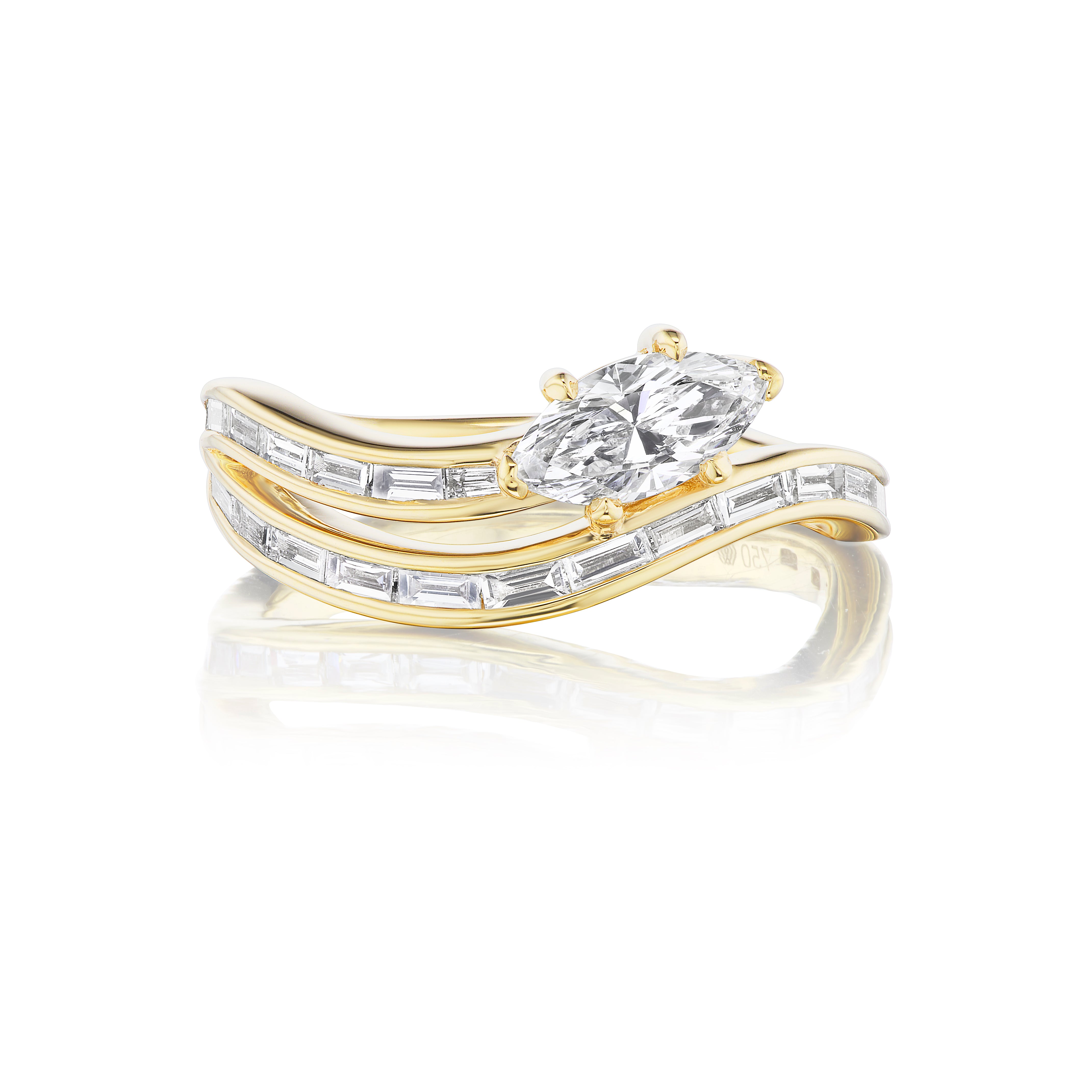 Snake Wave Channel Set Baguette Diamond Ring with Marquise Diamond in