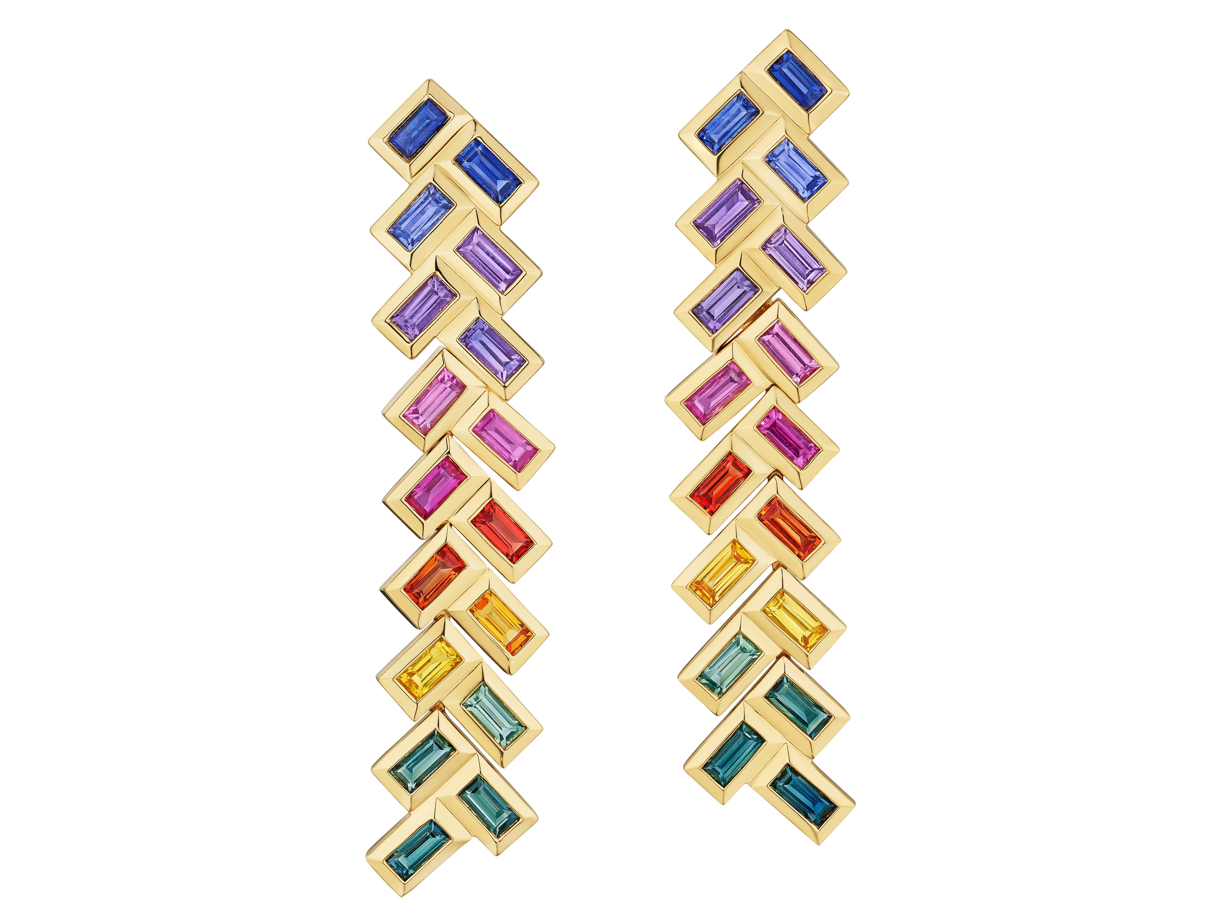 Chroma Chevron Drop Earrings in Yellow Gold with Multicolor Baguette C